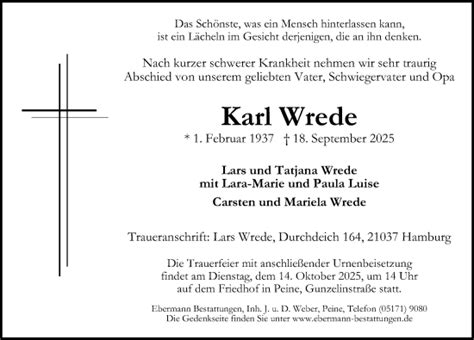 Traueranzeigen Von Karl Wrede Trauer Anzeigen De