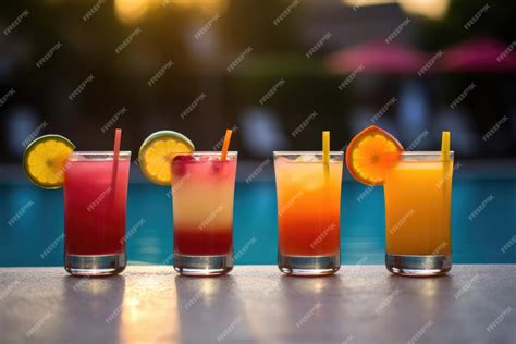 Premium Ai Image Tequila Sunrise Cocktails Lined Up On A Poolside