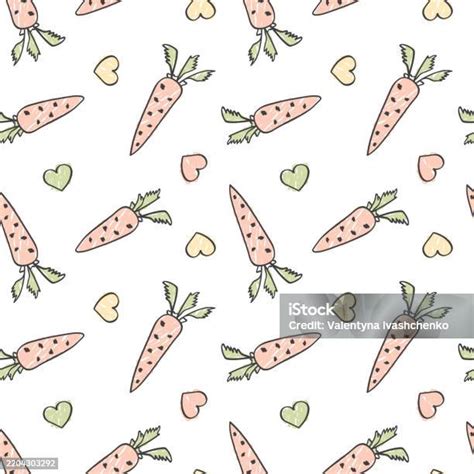 흰색 배경에 당근과 귀여운 마음이 있는 완벽 한 패턴입니다 간단한 유치한 손으로 그린 스타일의 벡터 그림 0명에 대한 스톡 벡터 아트 및 기타 이미지 Istock