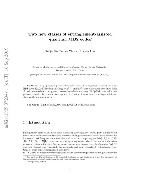 Pdf Two New Classes Of Entanglement Assisted Quantum Mds Codes
