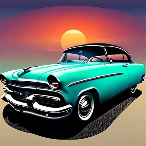 Uma Pintura De Um Carro Azul O Sol Ao Fundo Foto Premium