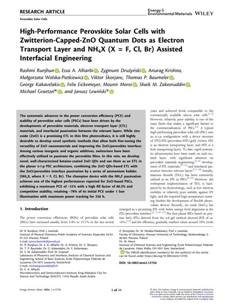 Pdf High‐performance Perovskite Solar Cells With Zwitterion‐capped‐zno Quantum Dots As
