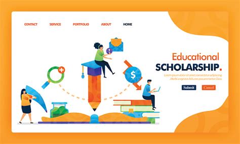 플랫 만화 캐릭터와 아이콘 교육 장학금 방문 페이지 노란색 벡터 개념 홈페이지 디자인은 방문 페이지 웹 모바일 앱 Ui 포스터