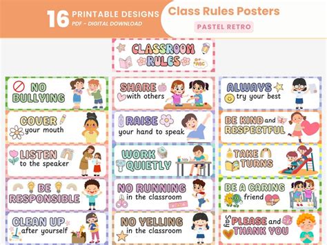 Pastel Retro Classroom Rules Posters Printable Groovy Rules Display Posters Retro Classroom