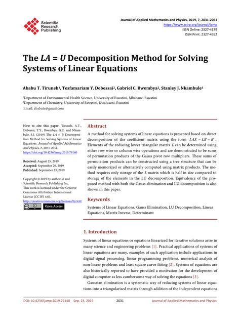 Pdf The La U Decomposition Method For Solving Systems Of Linear