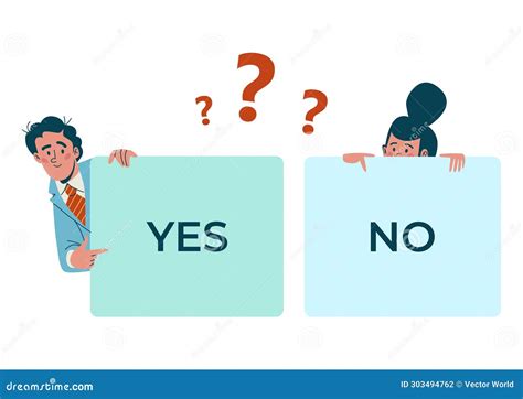 Man And Woman Peeking Behind Signs With Words YES And NO Cartoon Characters With Question Marks