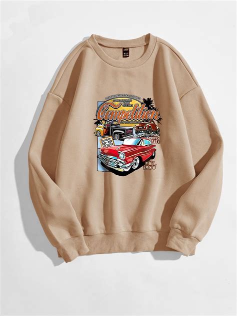 Car And Slogan Graphic Thermal Lined Sweatshirt