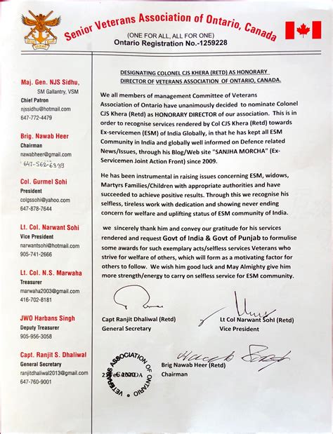 Senior Veterans Association Of Ontario Canada Bestowed Col CJS Khera