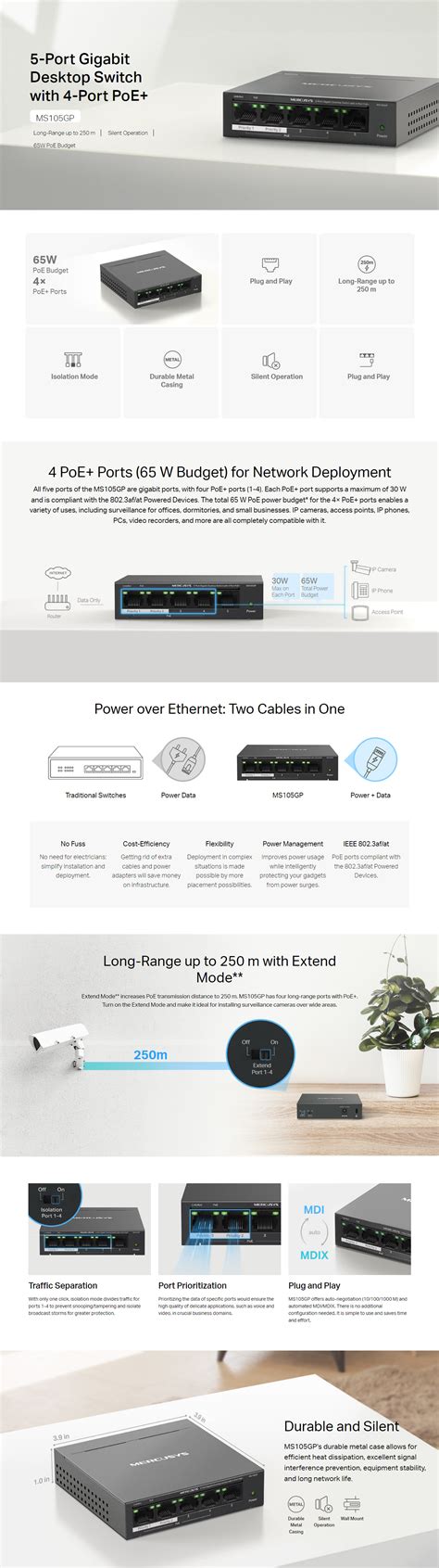 Mercusys MS105GP 5-Port Gigabit Desktop Switch with 4-Port PoE+ - Umart ...