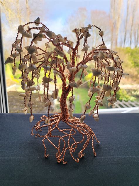 Copper Weeping Willow Wire Tree Sculpture Cream Quartz Crystals
