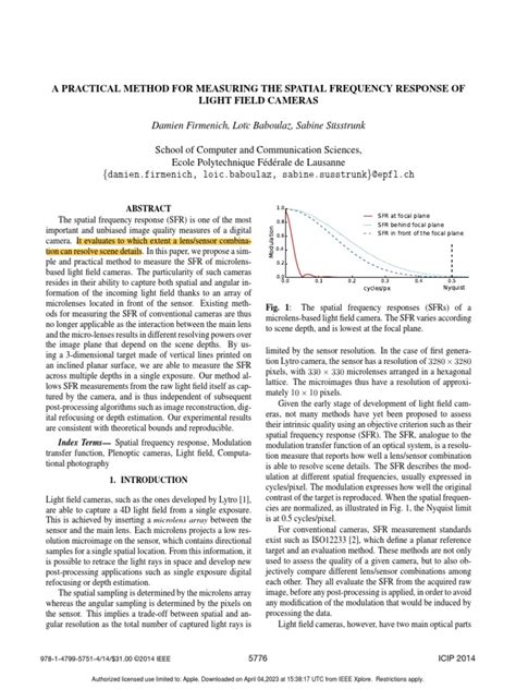 A Practical Method For Measuring The Spatial Frequency Response Of Light Field Cameras Pdf