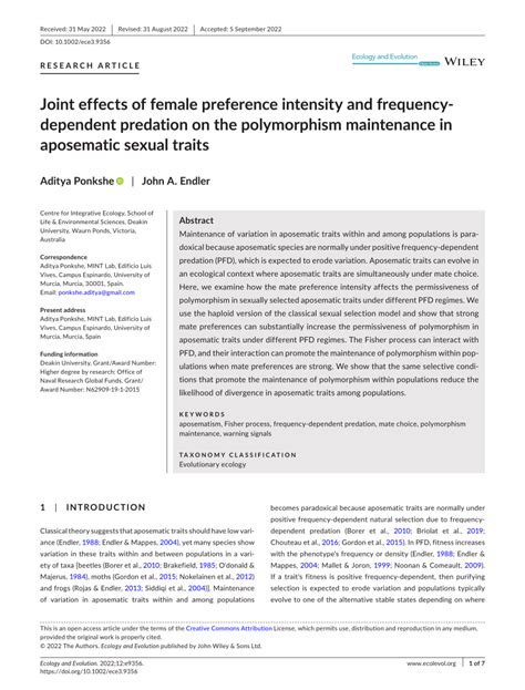 PDF Joint Effects Of Female Preference Intensity And Frequency Dependent Predation On The