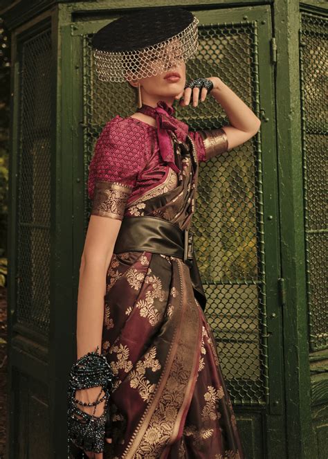 Puce Red And Black Rangkat Satin Silk Saree Urban Womania