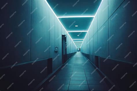 파란색과 회색 파스텔 색상의 미니멀한 복도 디자인의 래스터 그림 바닥과 천장에 네온 블루 조명 타일 비즈니스를 위한 단순한
