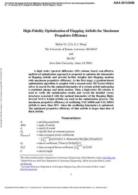 Pdf High Fidelity Optimization Of Flapping Airfoils For Maximum Propulsive Efficiency