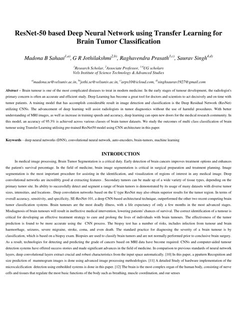 pdf resnet 50 based deep neural network using transfer learning for brain tumor classification