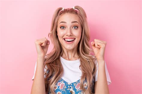 Photo Of Funky Delighted Lady Raise Fists Toothy Smile Luck