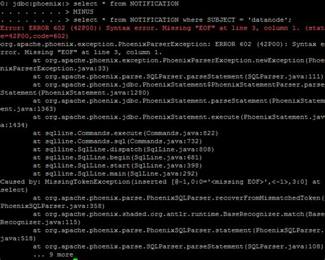 query apache phoenix using minus throws an error database