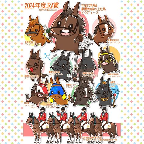 2024年度JRA賞受賞した馬達の絵 やっと描けた 初老ジャパンの面々も描きましたがネットで調べながら描いたものの馬達の柄が違ったら