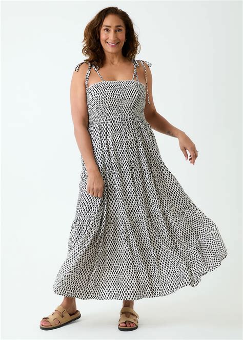 Rectangle Spot Tie Shoulder Shirring Maxi Dress