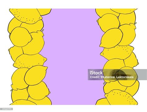 레몬 구연산 과일 완벽 한 수직 테두리 프레임 손으로 그린 벡터 그래픽 라인 잉크 노란색 일러스트 레이 션입니다 메뉴 패키지 화장품 섬유 카드에 이상적 0명에 대한 스톡