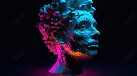 매혹적인 3d 렌더링 산성 네온 글로우가 조각난 배경 속에서 젊고 거대한 머리를 비춥니다 비추다 배경 머리 배경 글로우 배경 이미지 Hd 비추다 머리 글로우