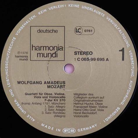 Lp レコード コレギウム・アウレウムのモーツァルトオーボエ四重奏曲＆ホルン五重奏曲 独hm 3505