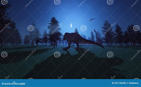 Dinosaurs During Jurassic Period In Forest While Sunrise Extremely
