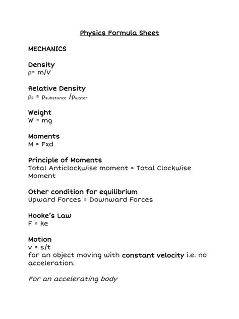 Physics Formula Sheet Pdf Force Refraction