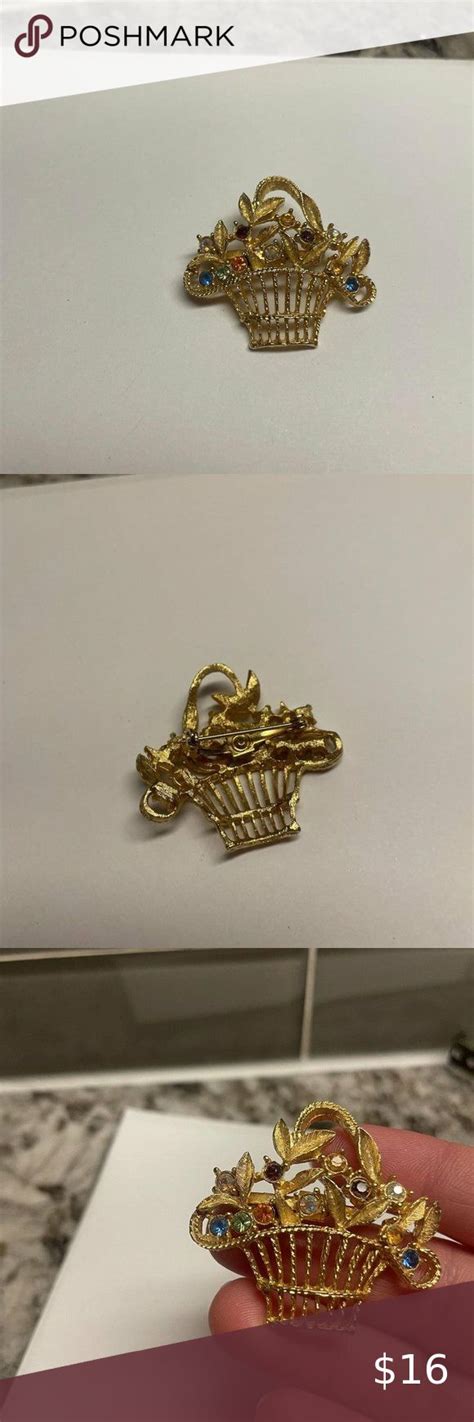 Vintage Gold Tone Metal Brooch Pin Flower Basket Rhinestone Gold Tone