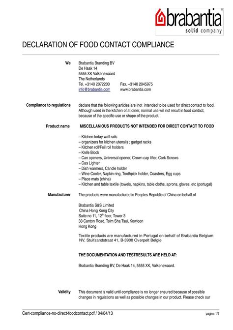 DECLARATION OF FOOD CONTACT COMPLIANCE Brabantia