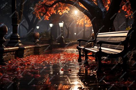 Premium Ai Image Wet Bench In Fall Park Illuminated By Streetlights