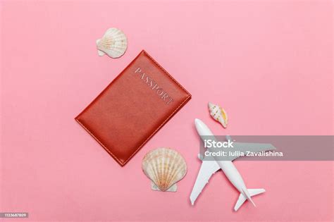 분홍색 파스텔 유행 현대 배경에 비행기와 여권을 가진 최소한의 간단한 편평한 누워 여행 모험 여행 개념 개념에 대한 스톡 사진
