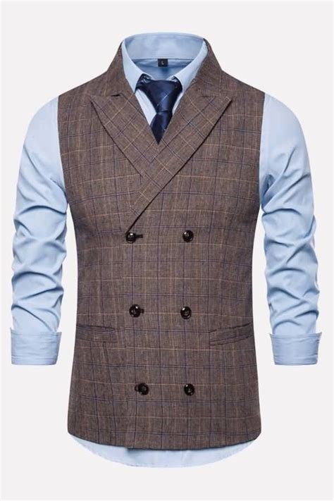 Men Coffee Plaid Double Breasted Casual Waistcoats Dress Suits For