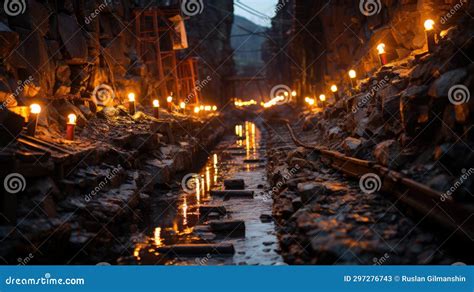 Mining Tunnel With Lights And Rails Stock Image Image Of Passage Dirty 297276743