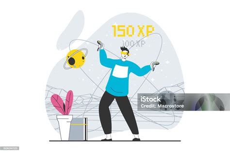 웹을 위한 플랫 디자인에 있는 사람들 장면이 있는 가상 현실 개념 Vr 헤드셋을 쓴 남자가 증강된 공간을 가진 미래형 게임을 하고 있다 소셜 미디어 배너 마케팅 자료에 대한