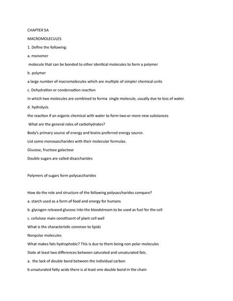 Week 3 Chapter 5 Macromolecules Participation Work Sheet Chapter 5a Macromolecules Define
