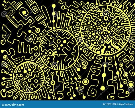 Psychedelic Space Cyberpunk Style Yellow Outline On A Black Bac Stock