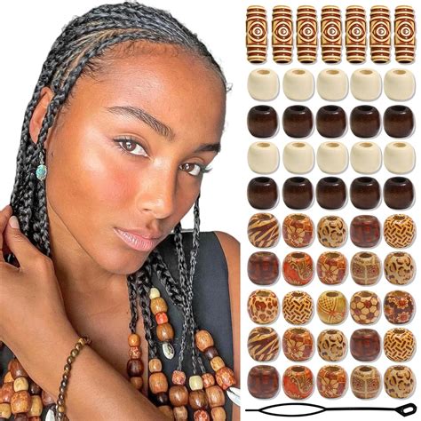 Naiska 60pcs Vintage Round Natural Wood Hair Beads For Braids Loc Dreadlock Jewelry