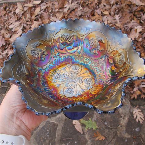 Antique Fenton Dragon And Lotus Blue Carnival Glass Spat Footed Bowl