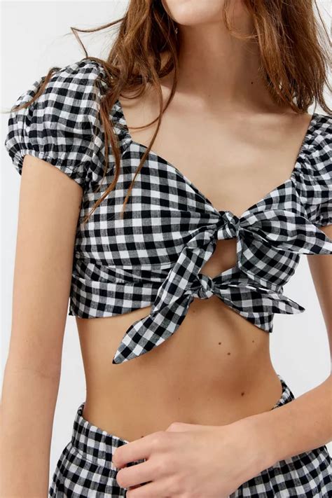 Urban Renewal Remnants Gingham Puff Sleeve Tie Front Cropped Top