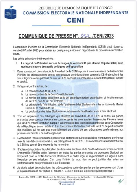 Ceni Rdc On Twitter Communique De Presse N°032ceni2023 Relatif Aux