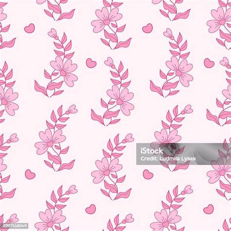 핑크 요염 완벽 한 패턴 부드러운 배경에 꽃과 나뭇잎 로맨틱한 여성스러운 분위기 미적 꽃 패턴 배경 템플릿 벡터 일러스트 레이 션 꽃 식물에 대한 스톡 벡터 아트 및 기타