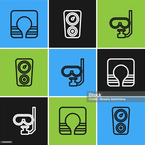 세트 라인 구명 조끼 다이빙 마스크 스노클링 및 게이지 스케일 아이콘 벡터 계기판 차량 부분에 대한 스톡 벡터 아트 및 기타 이미지 계기판 차량 부분 계기판 측정기