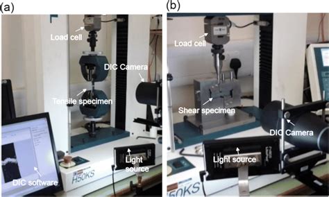 experimental set up for dic testing a under tensile loading and b under