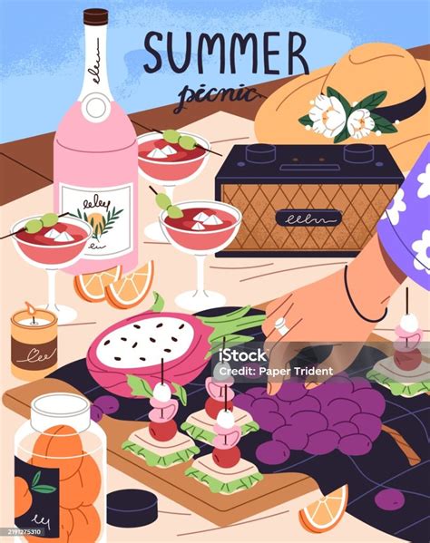 바다 해변 카드 디자인에 여름 피크닉 자연에서 로맨틱한 데이트를 즐길 수 있는 담요에 음식 음료 과일 주말에는 야외에서 간식 칵테일과 함께 아침 식사를 합니다 평면 벡터