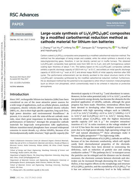 Pdf Large Scale Synthesis Of Li 3 V 2 Po 4 3 C Composites By A Modified Carbothermal