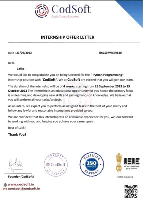Codsoft Internship Offerletter Pythonprogramming Lalita
