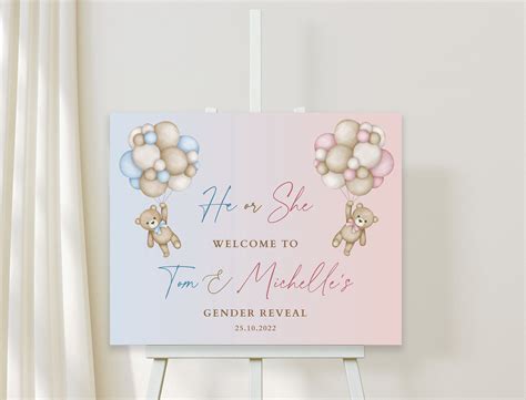 Bear Balloons Gender Reveal Welcome Sign Editable Hot Air Balloon