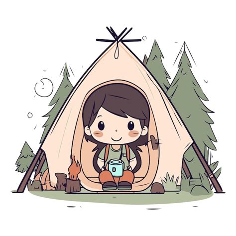 Una Niña Linda Acampando En El Bosque Al Estilo De Los Dibujos Animados